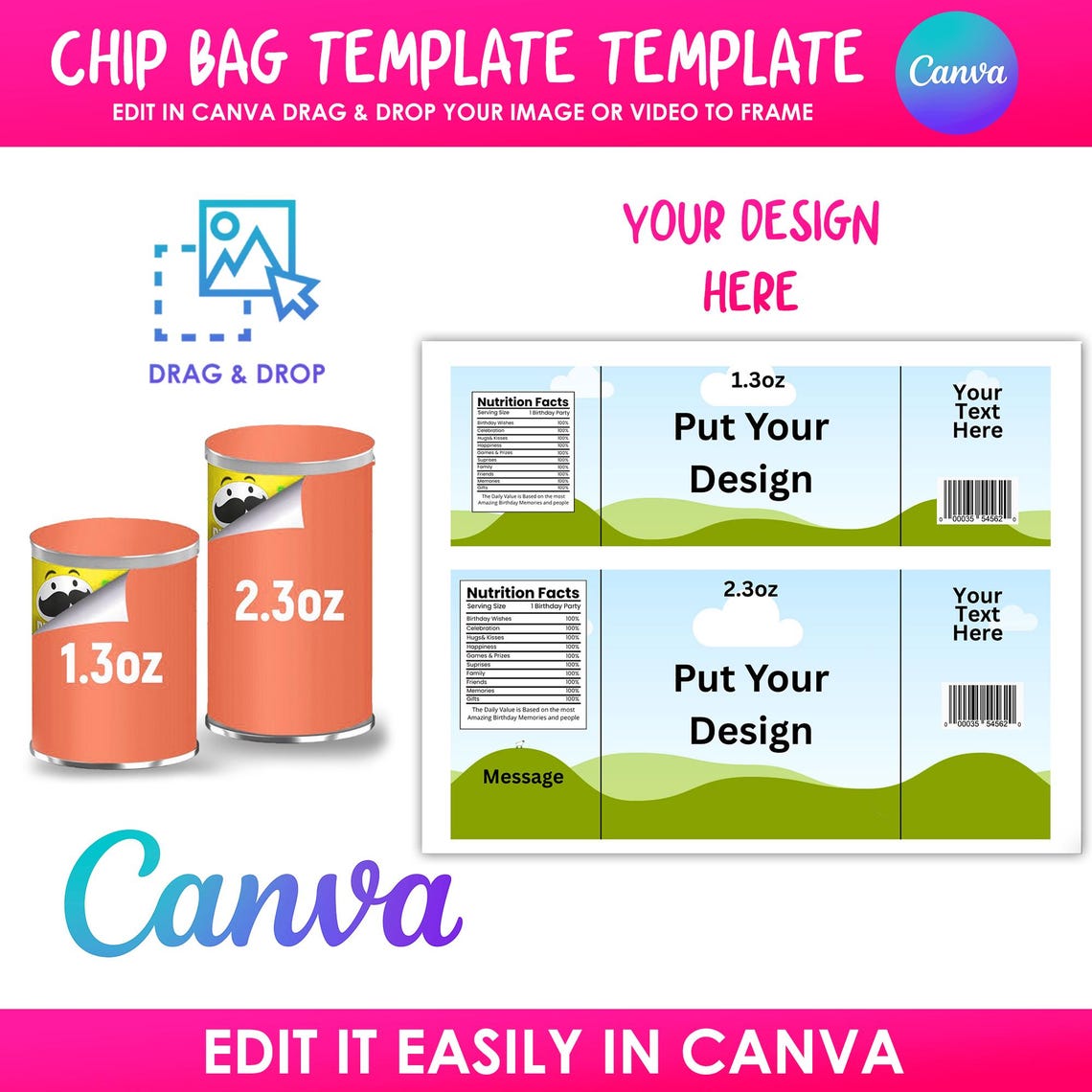 Pringles Can Label Template: Drag & Drop Canva Design (digital Download ...