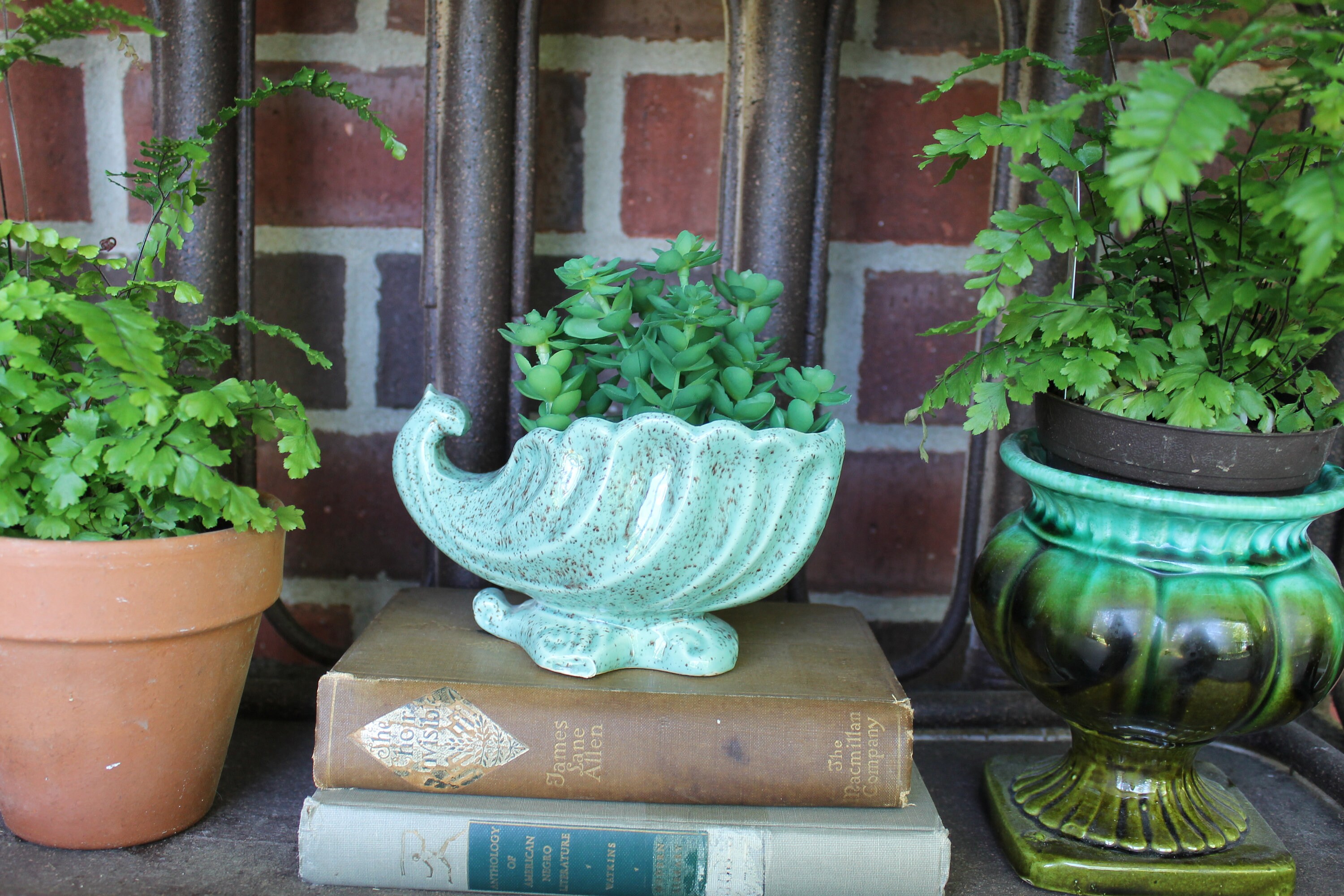 Mint green ceramic cornucopia planter green with brown | Etsy