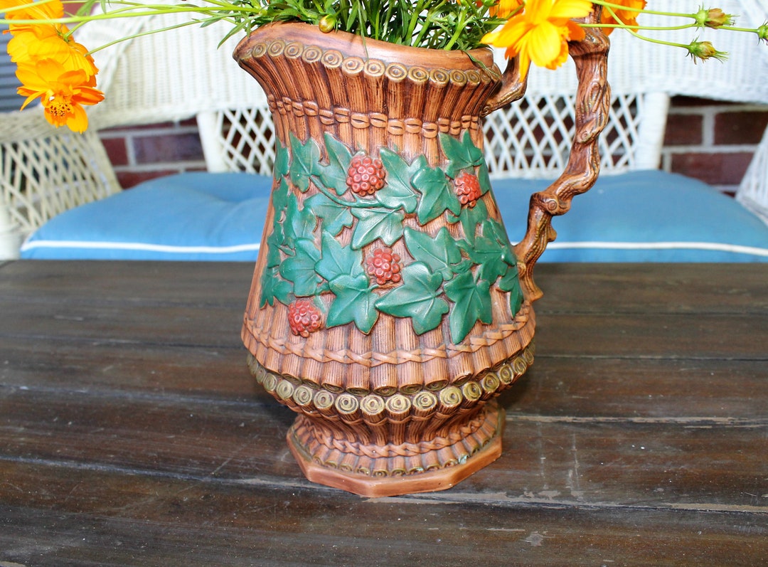 Vintage brown pitcher, faux bark ceramic pitcher, rustic Primitive ...