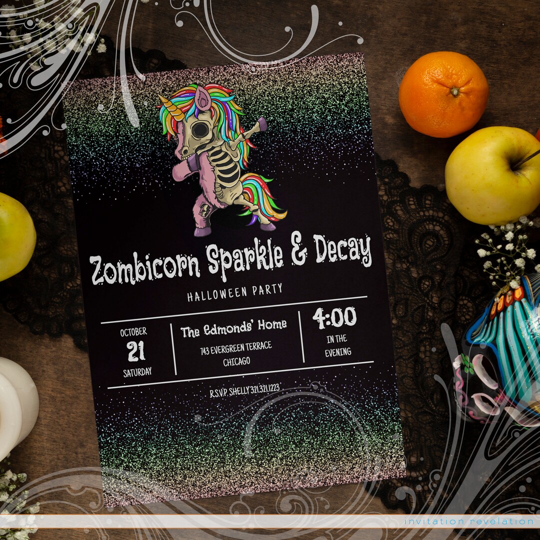 Zombie Unicorn Invite, Undead Unicorn, Spooky Invite, Haunted Unicorn ...