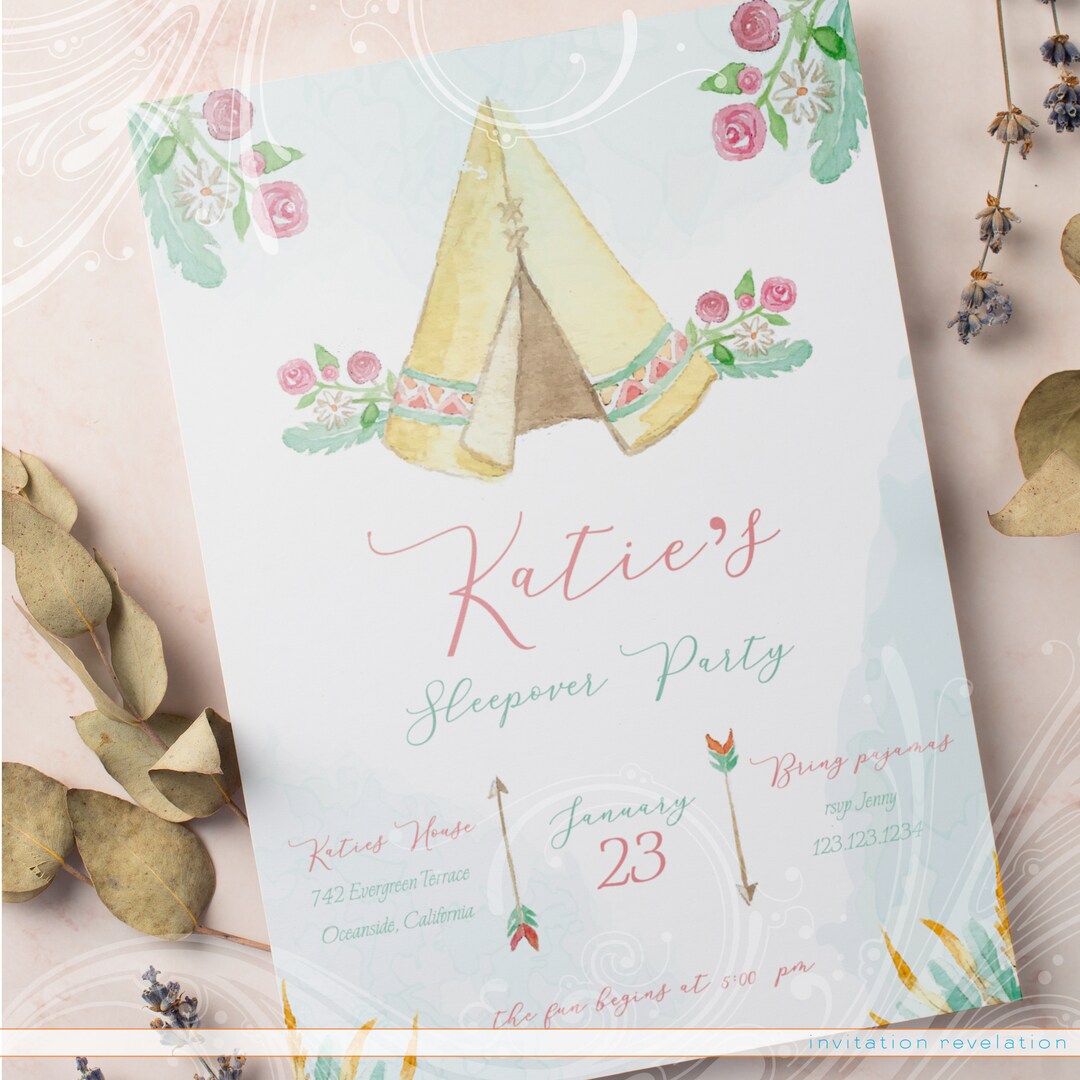 Cute Tent Invite, Sleepover Invite, Boho Watercolor Invite, Printable ...