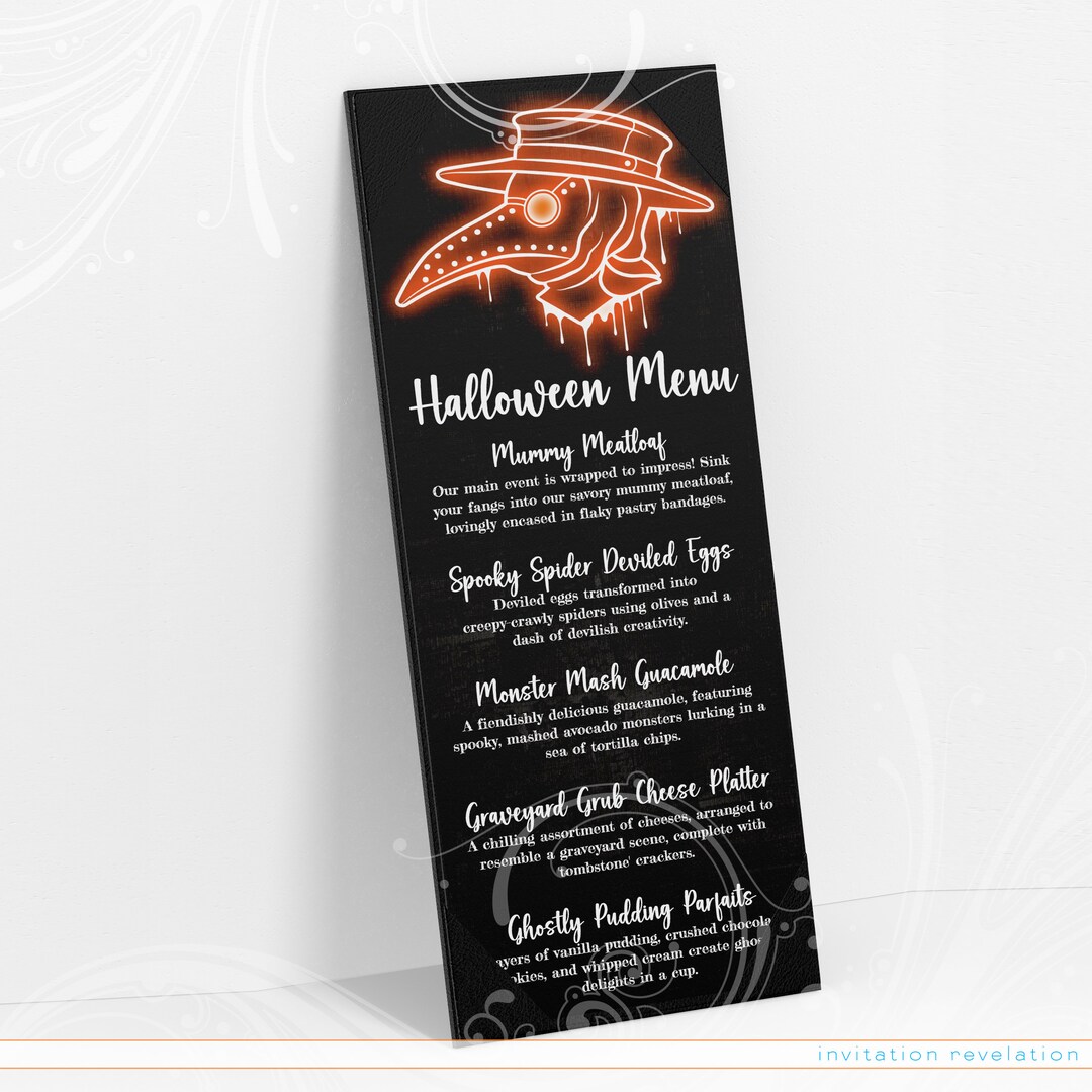 Neon Plague Doctor Menu, Halloween Menu, Halloween Party, Plague Mask ...
