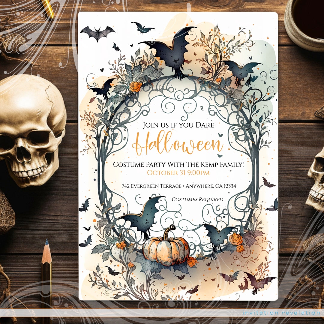 Pumpkin and Bats Invite, Halloween Invite, Party Invite, Gothic Invite ...
