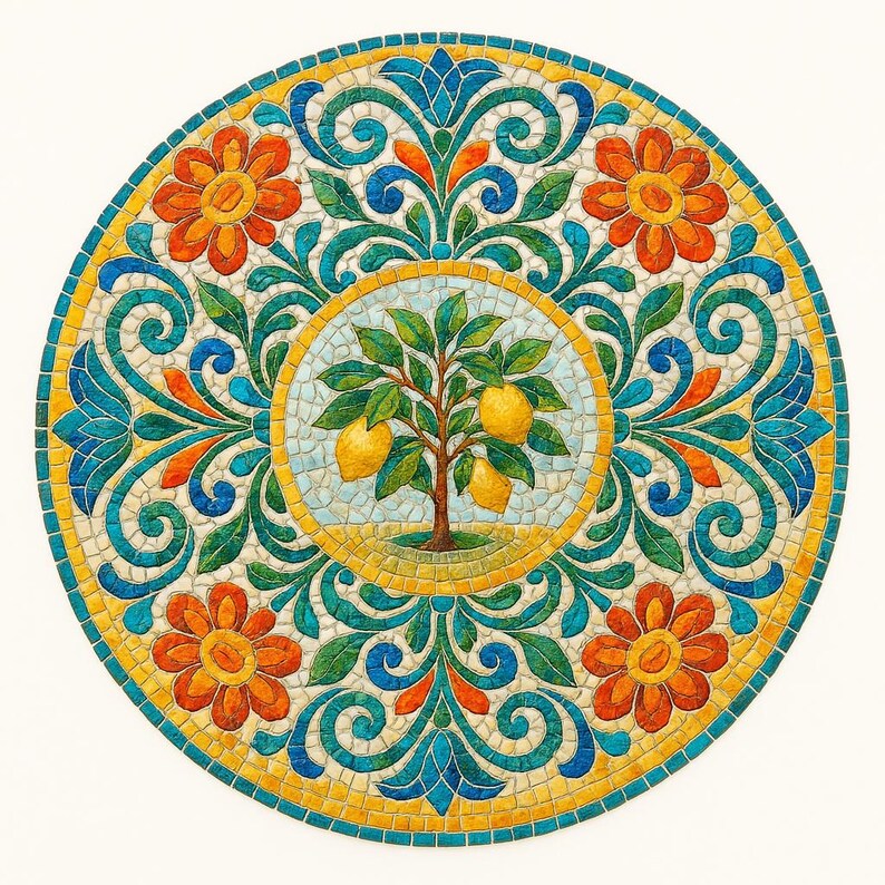 Lemon Tree Mandala – Gaudí-inspired Floral Mosaic Art Print - Etsy