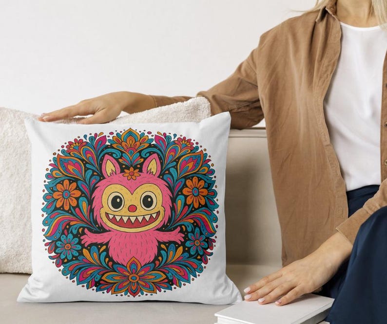Labubu Mandala Art Print – Whimsical Pink Creature With Colorful Floral ...