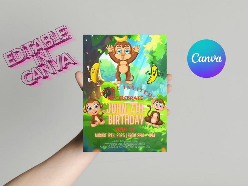 Editable Monkey Birthday Invitation Canva Template | Jungle Party ...
