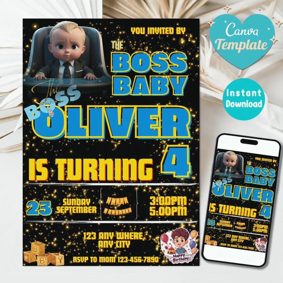 Boss Baby Birthday Invitation, Editable Canva Template, Funny Cartoon ...