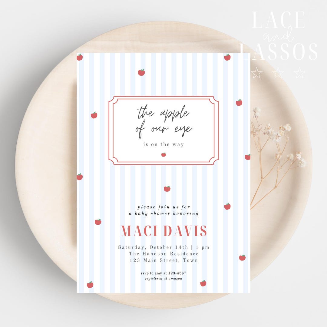 Apple Baby Shower Invite, Apple of Our Eye Baby Shower Invitation, Blue ...