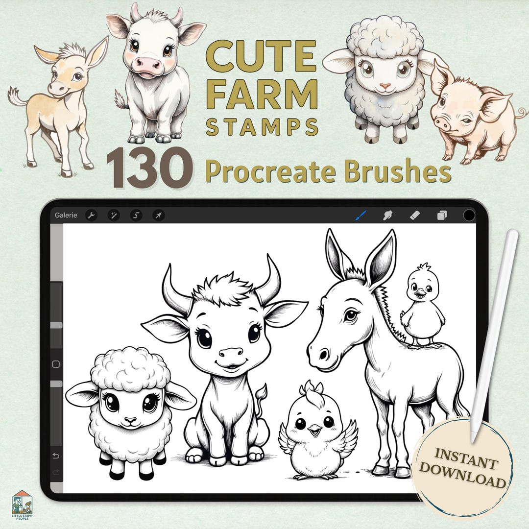 Cute Farm Animals Stamps | 130 Procreate Brushes | Kawaii Cow, Pig ...