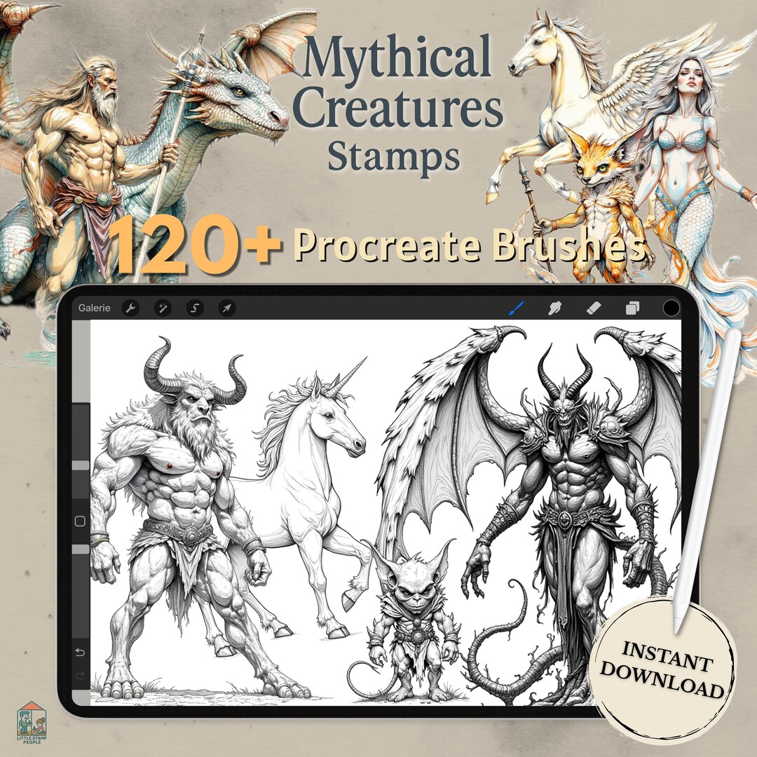 Procreate Mythical Creature Stamp Brushes | 120+ Dragon, Unicorn ...