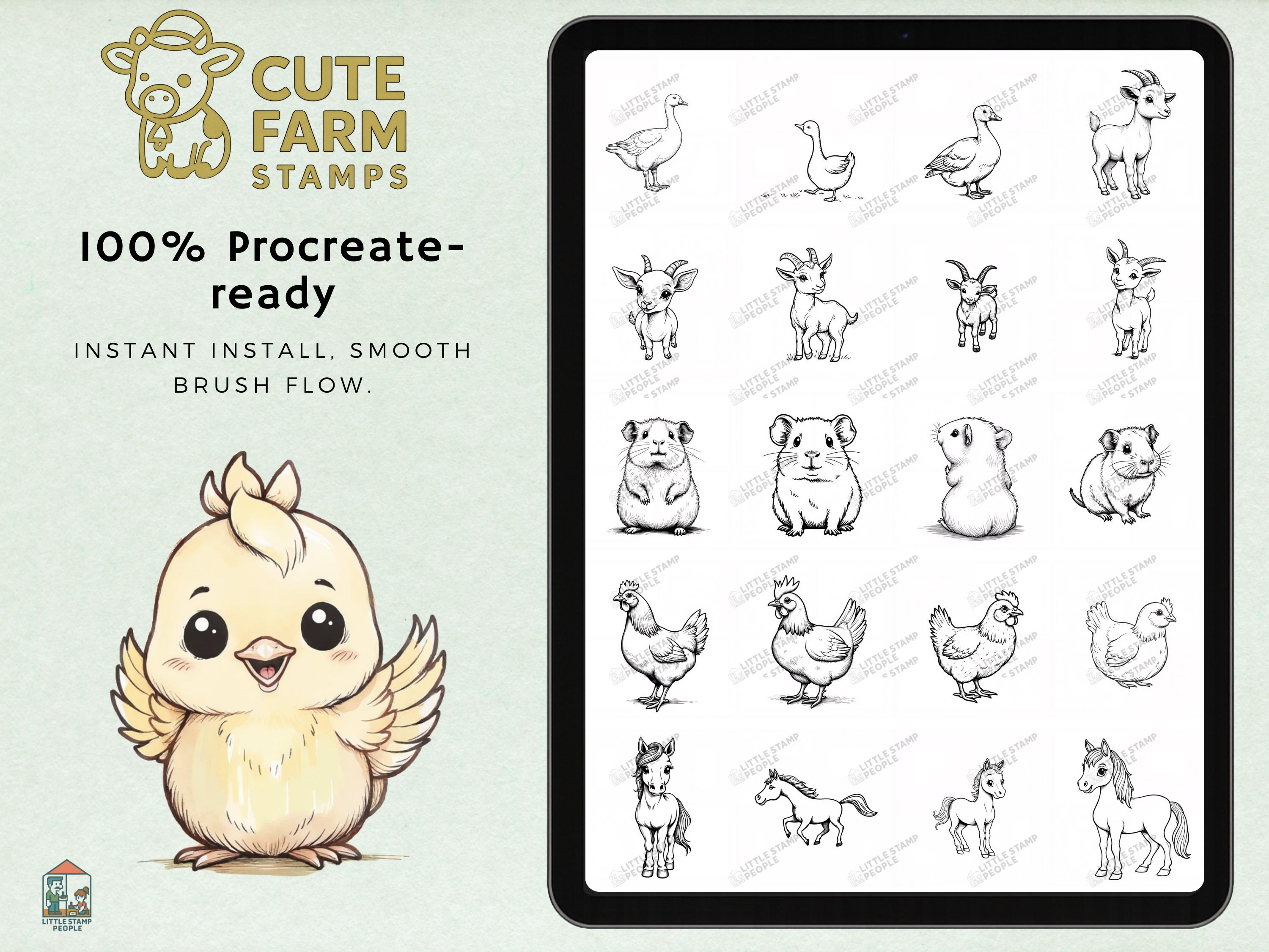 Cute Farm Animals Stamps | 130 Procreate Brushes | Kawaii Cow, Pig ...