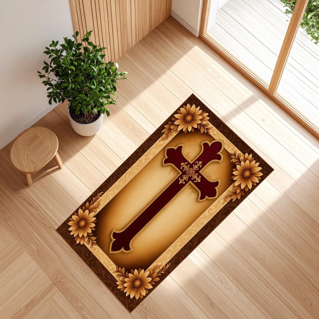 Burgundy Cross Prayer Rug: Gold Floral Christian Decor - Etsy