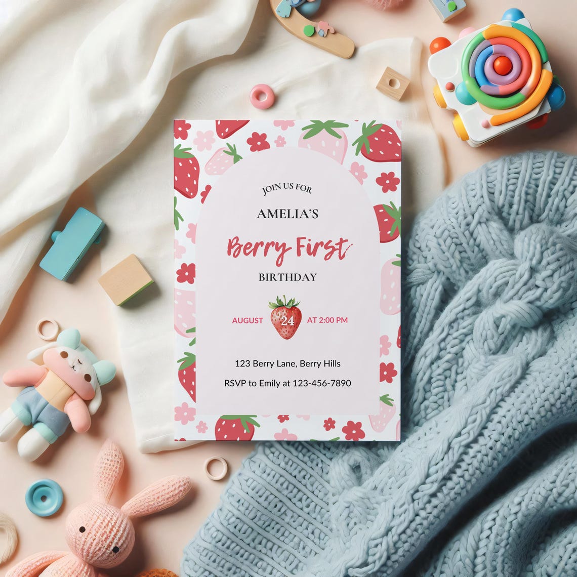 Berry First Birthday Party Invitation – 1st Baby Editable Invite ...