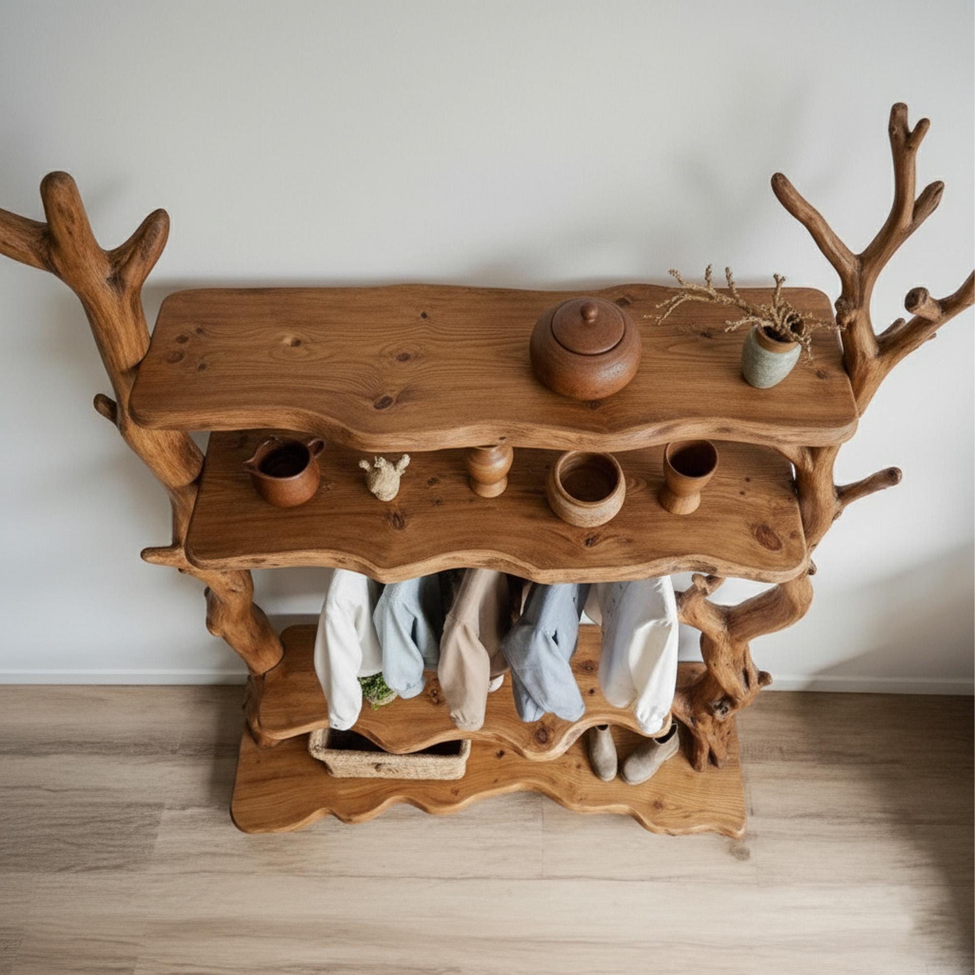 Driftwood Tree Branch Coat Rack With Shelves, Solid Wood Entryway ...