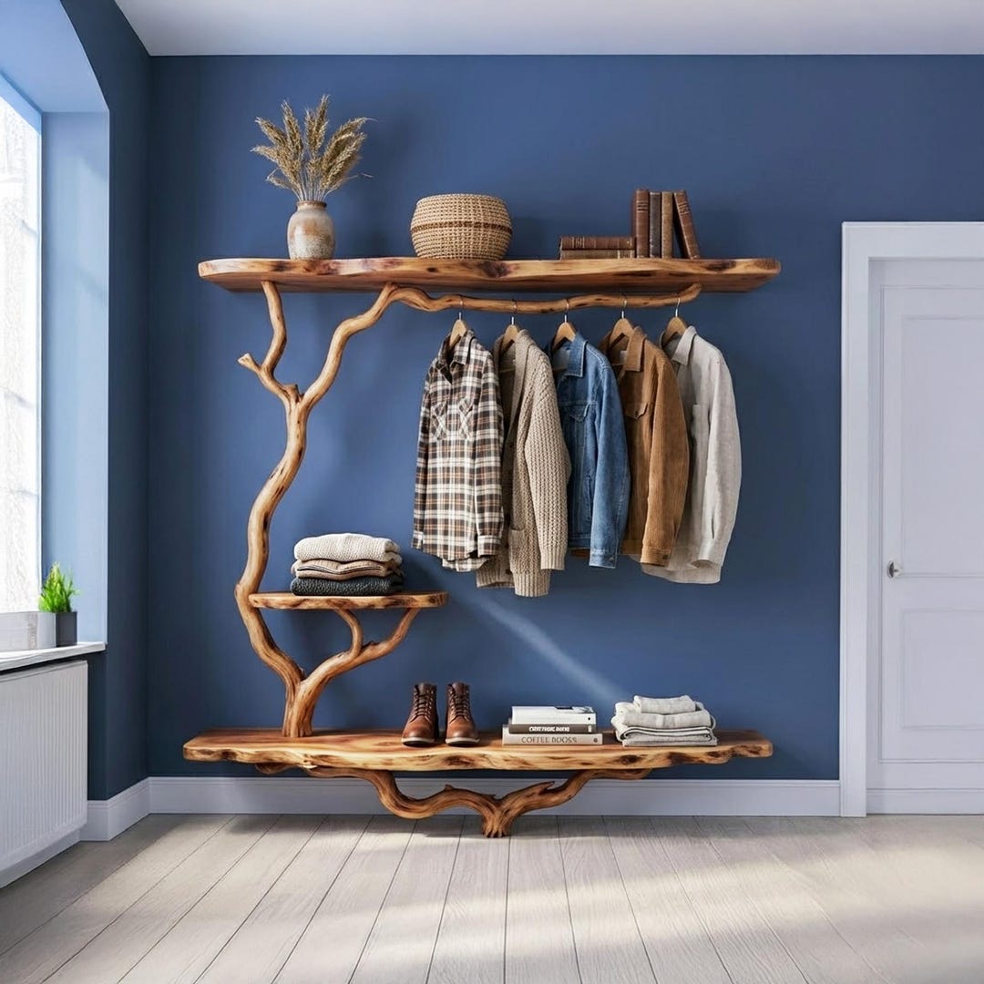 Tree Branch Wall Mounted Coat Rack Handmade Live Edge Wooden Shoe ...