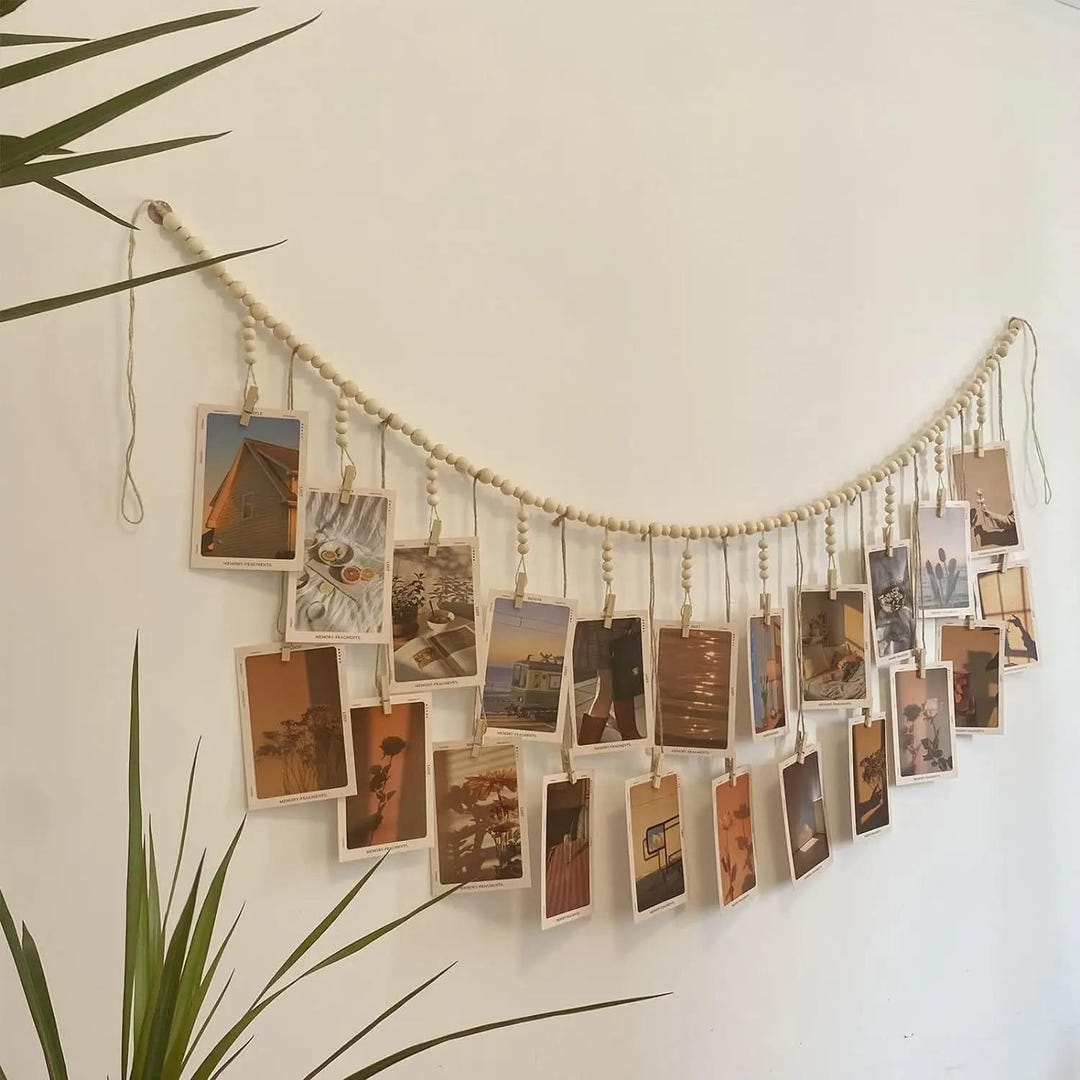 Boho Hanging Photo Display Garland With Wooden Beads and Clips, Rustic ...