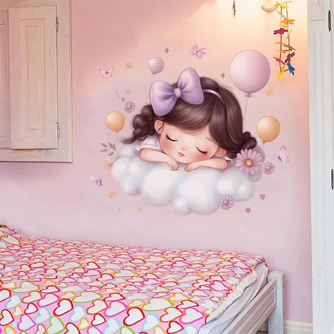 Sleeping Girl Wall Decal, Nursery Bedroom Wall Decals, Cloud & Balloon ...