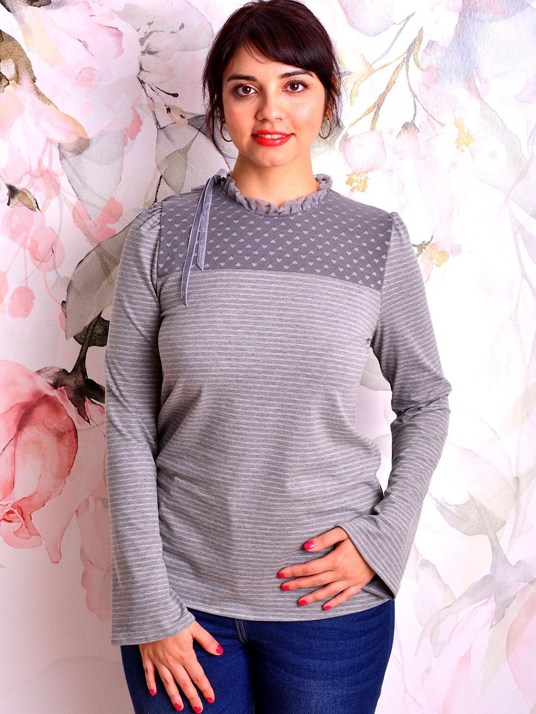 Jersey Top DANIELA Grey Lace Stripes Hearts Bow Ribbon by STADTKIND ...