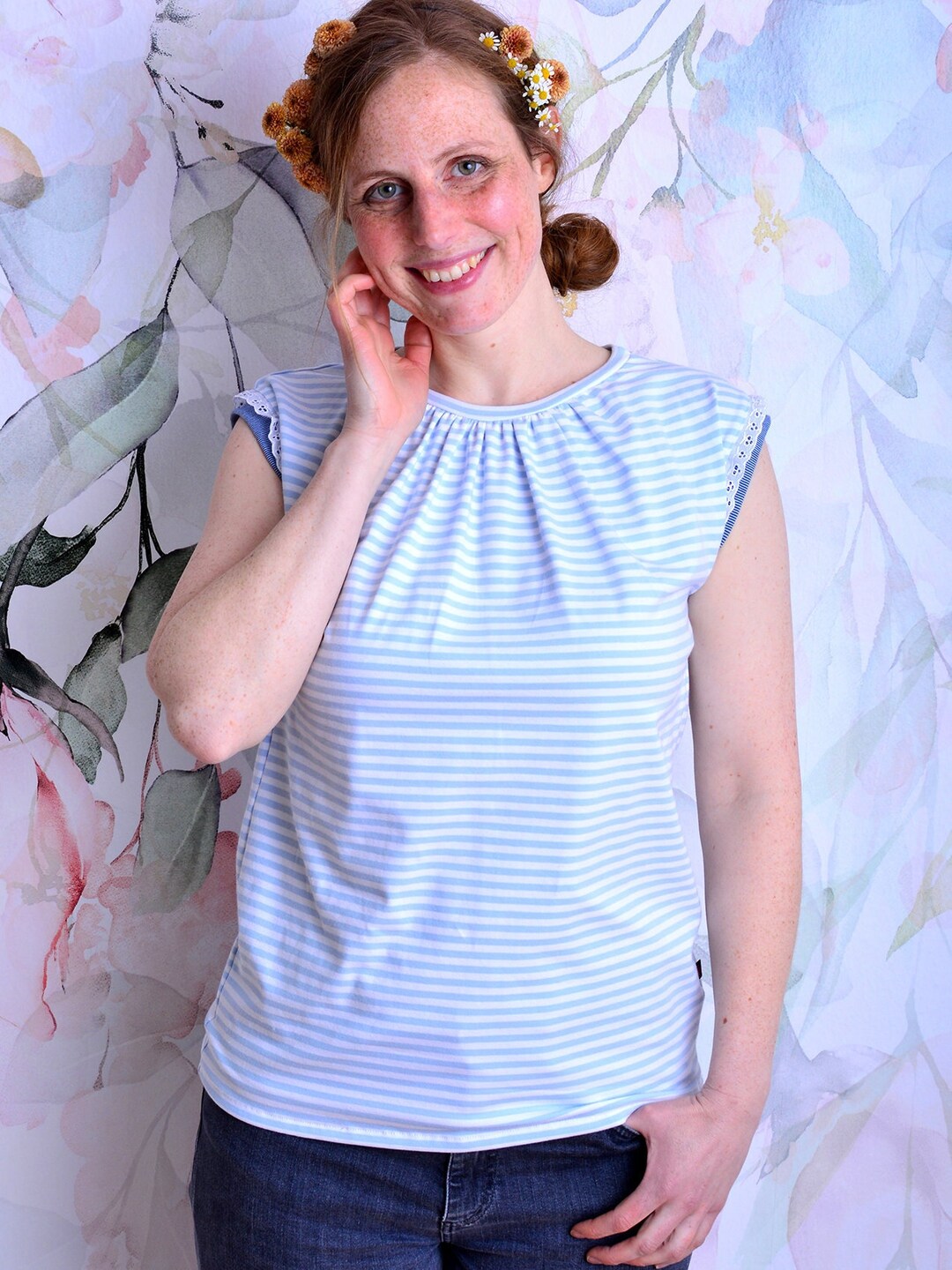 Jersey Top KATJA Light Blue White Stripes Flowers by STADTKIND POTSDAM ...
