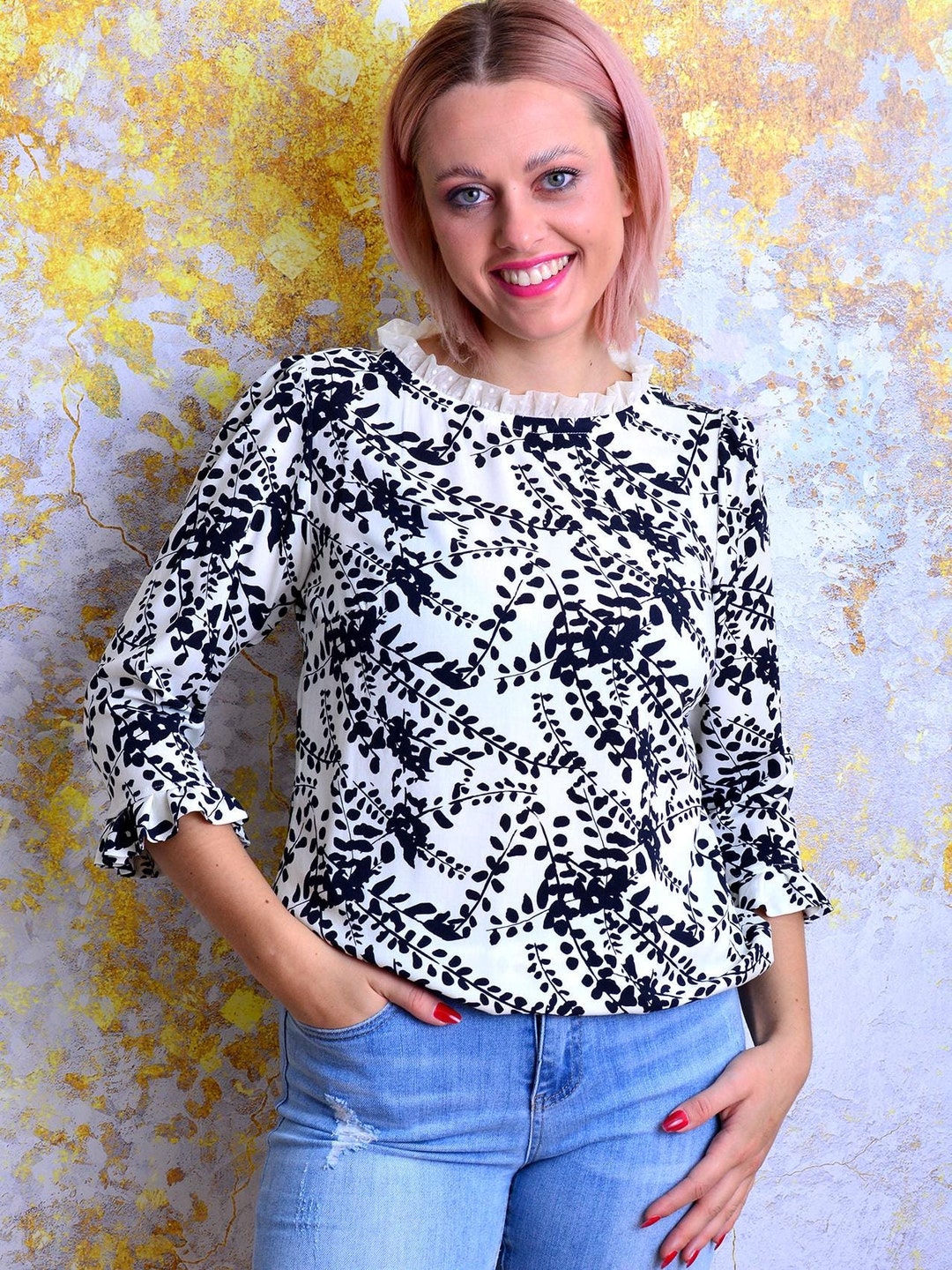 Black Beige Blouse JUDITH Flowers Ruffles by STADTKIND - Etsy