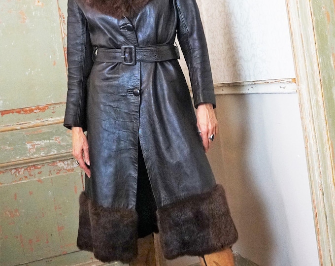 1960s Penny Lane Coat Long Brown Leather Fur Trimmed Belted Maxi Coat ...