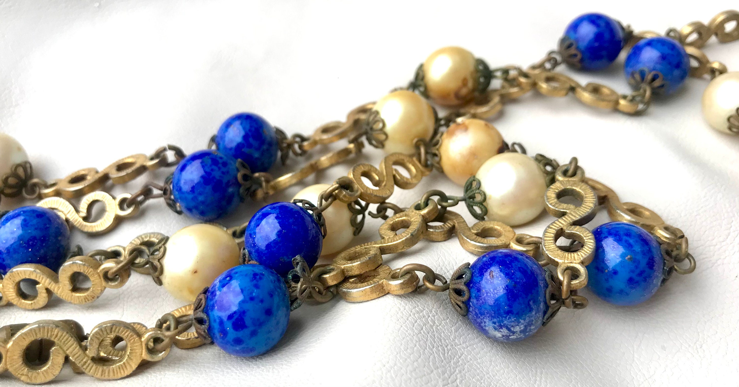 Bohemian Antique Vintage Lapis Lazuli Pearl Czech Glass Filigree Gilded ...