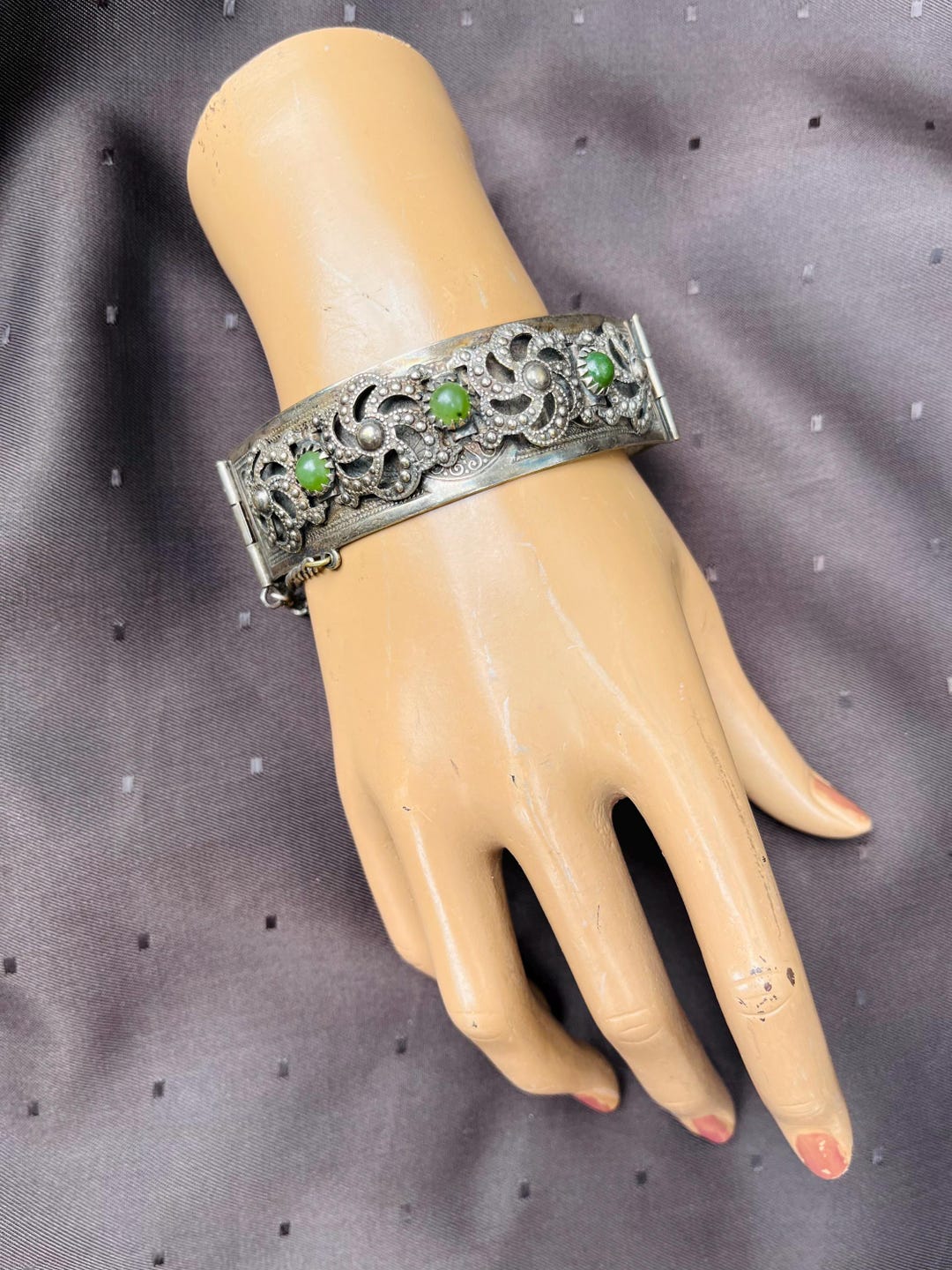 Antique Middle Eastern Jade Ethnic Silver Engraved Bracelet Desert ...