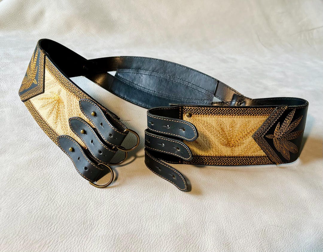 Vintage 90s Wide Gold Embroidery Black Leather Twisted Design Waist ...