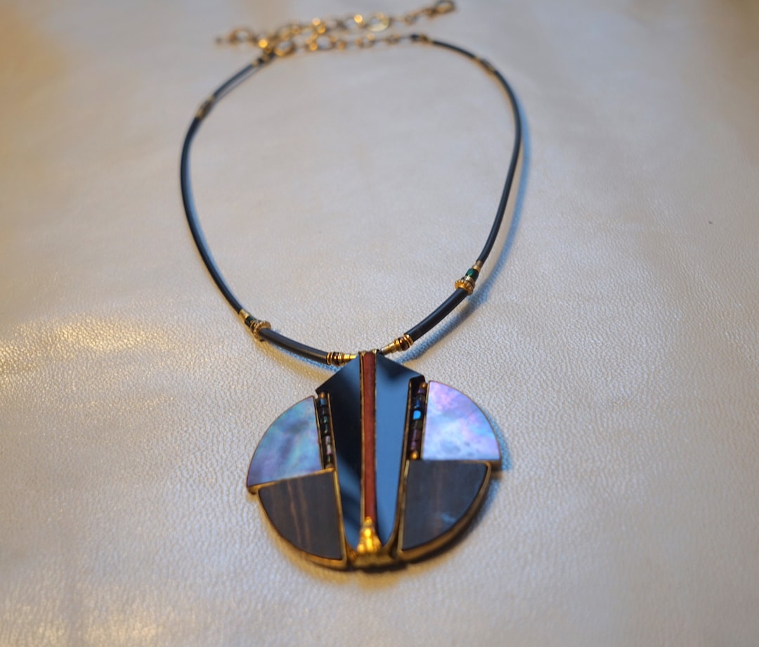 Langani Germany Vintage 80s Designer Necklace // Abalone Gilded Glass ...