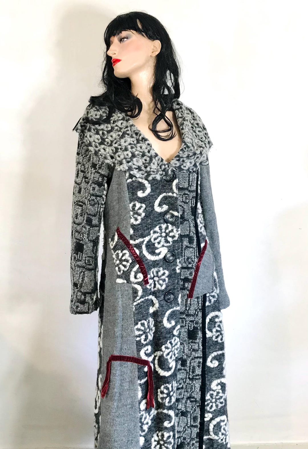 Long Felt Vintage Y2k Funky Wearable Art Coat Embellished Knitwear Size ...