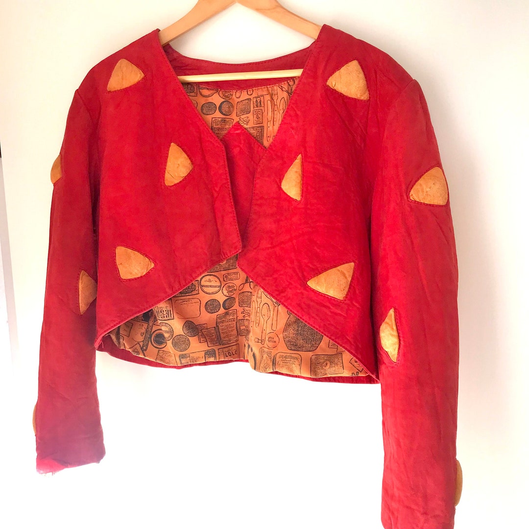 Fun Design 80s Red Suede Leather Crop Jacket With Yellow Triangles ...