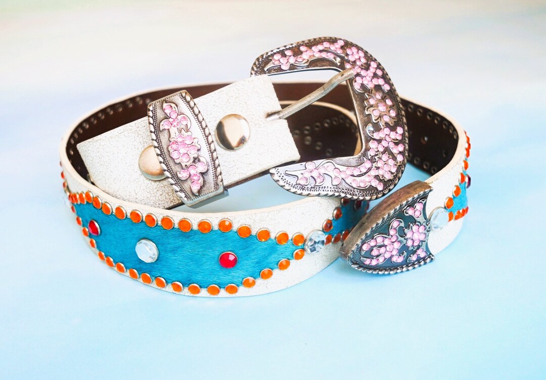 Vintage Jeweled Leather Studded Rhinestones Belt Blue Ponyhair and ...
