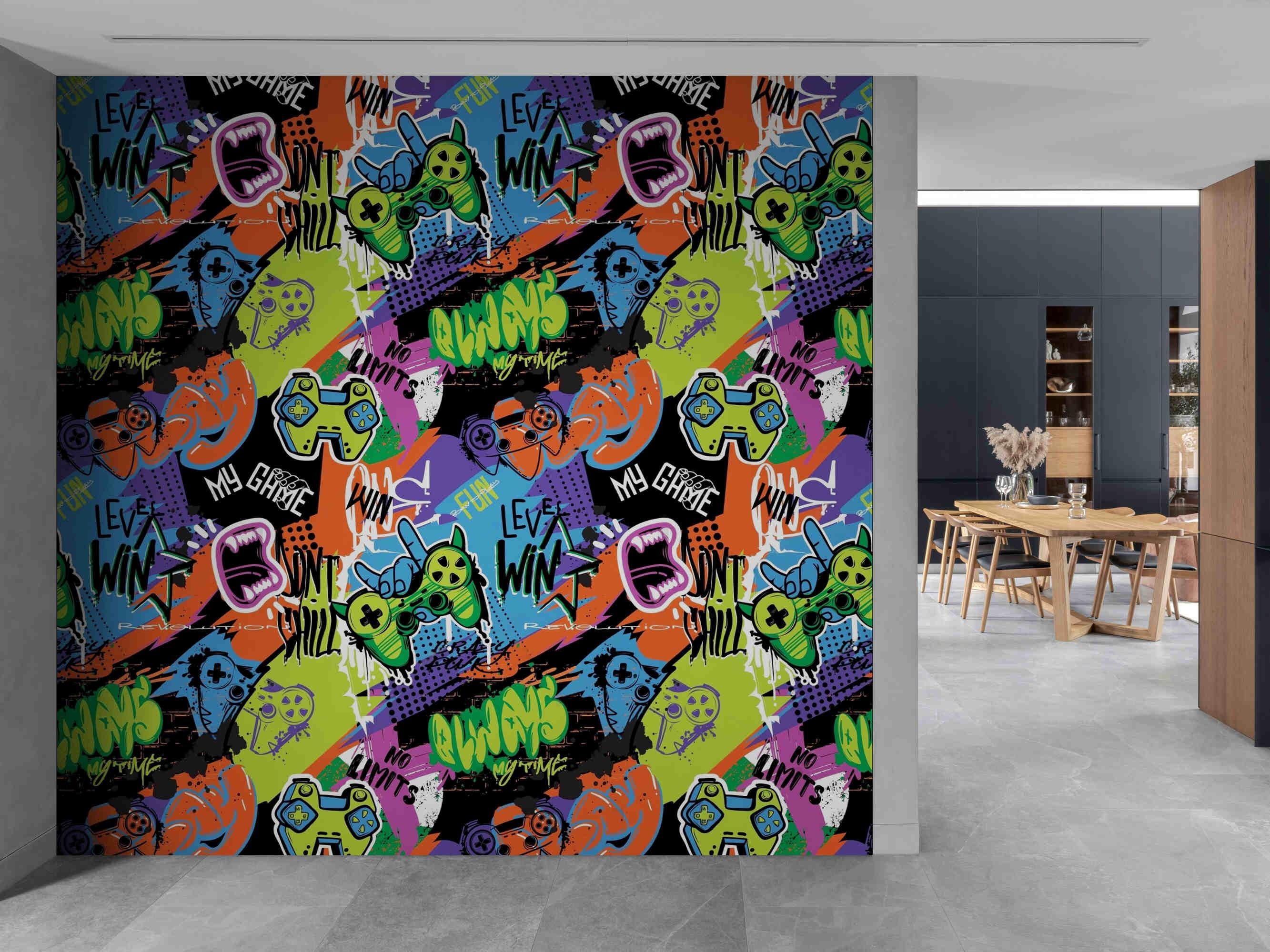 Graffiti Gamer Wallpaper Mural – Colorful Video Game Theme Wall Art for ...