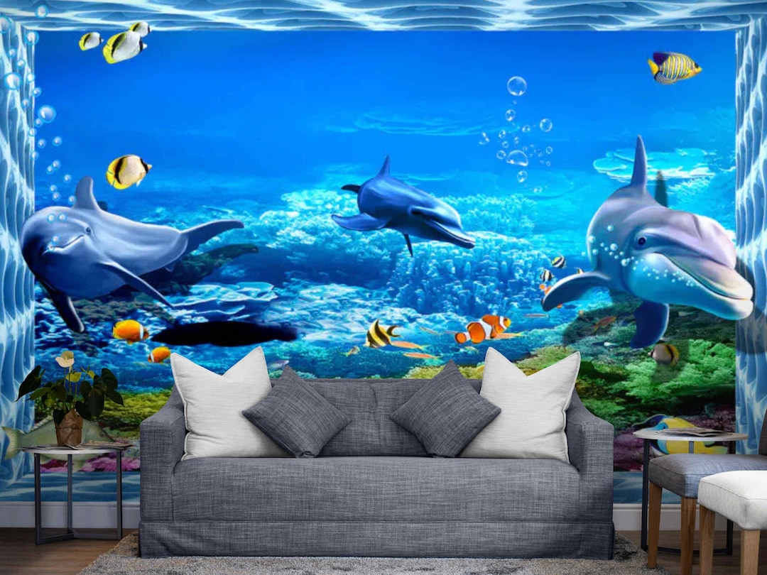 3D Dolphin Wallpaper Mural, Cartoon Ocean Peel and Stick - Etsy