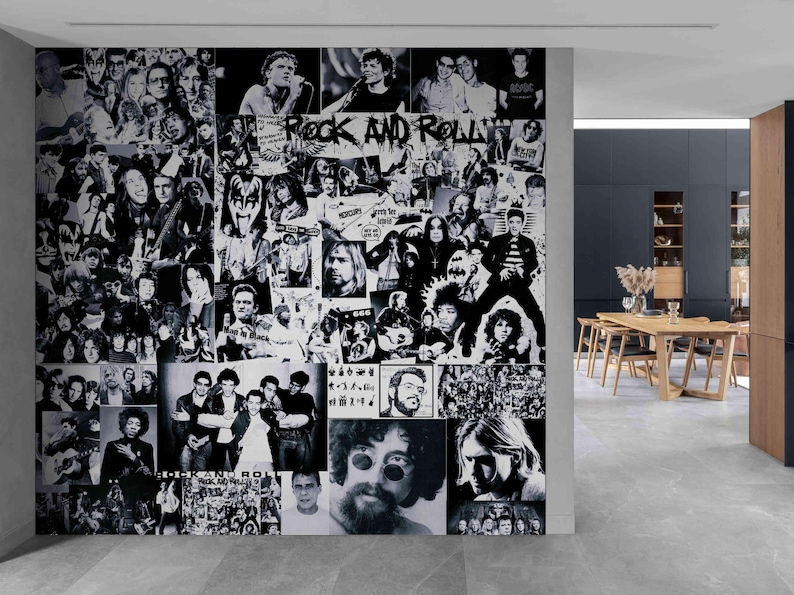 Rock and Roll Wallpaper Mural – Black and White Rock Music Collage Wall ...