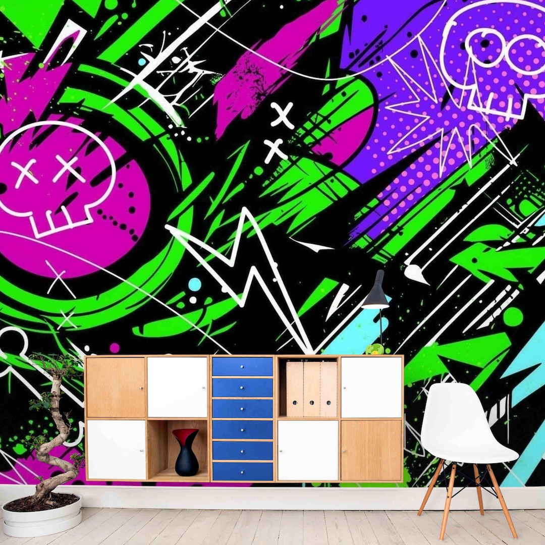Colorful Gaming Graffiti Wallpaper Mural, Neon Gamer Wall Art for Teens ...