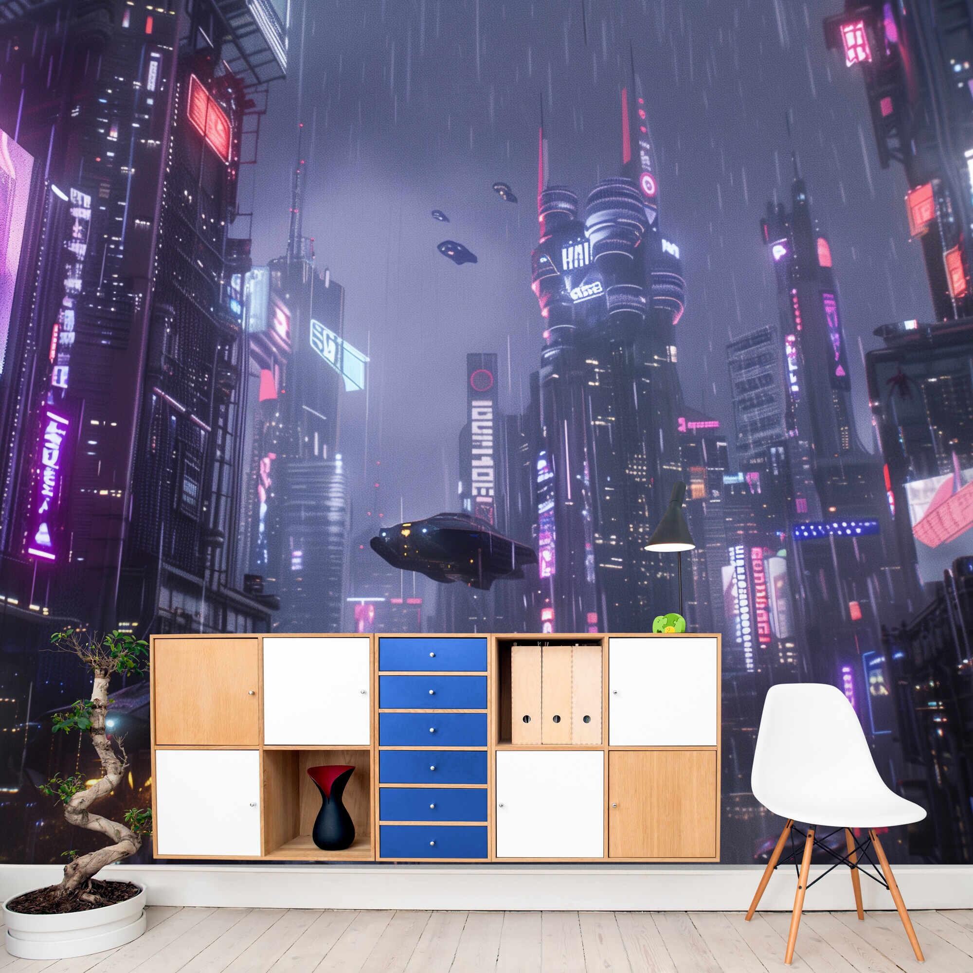 Cyberpunk City Wallpaper Mural – Neon Sci-fi Peel and Stick - Etsy