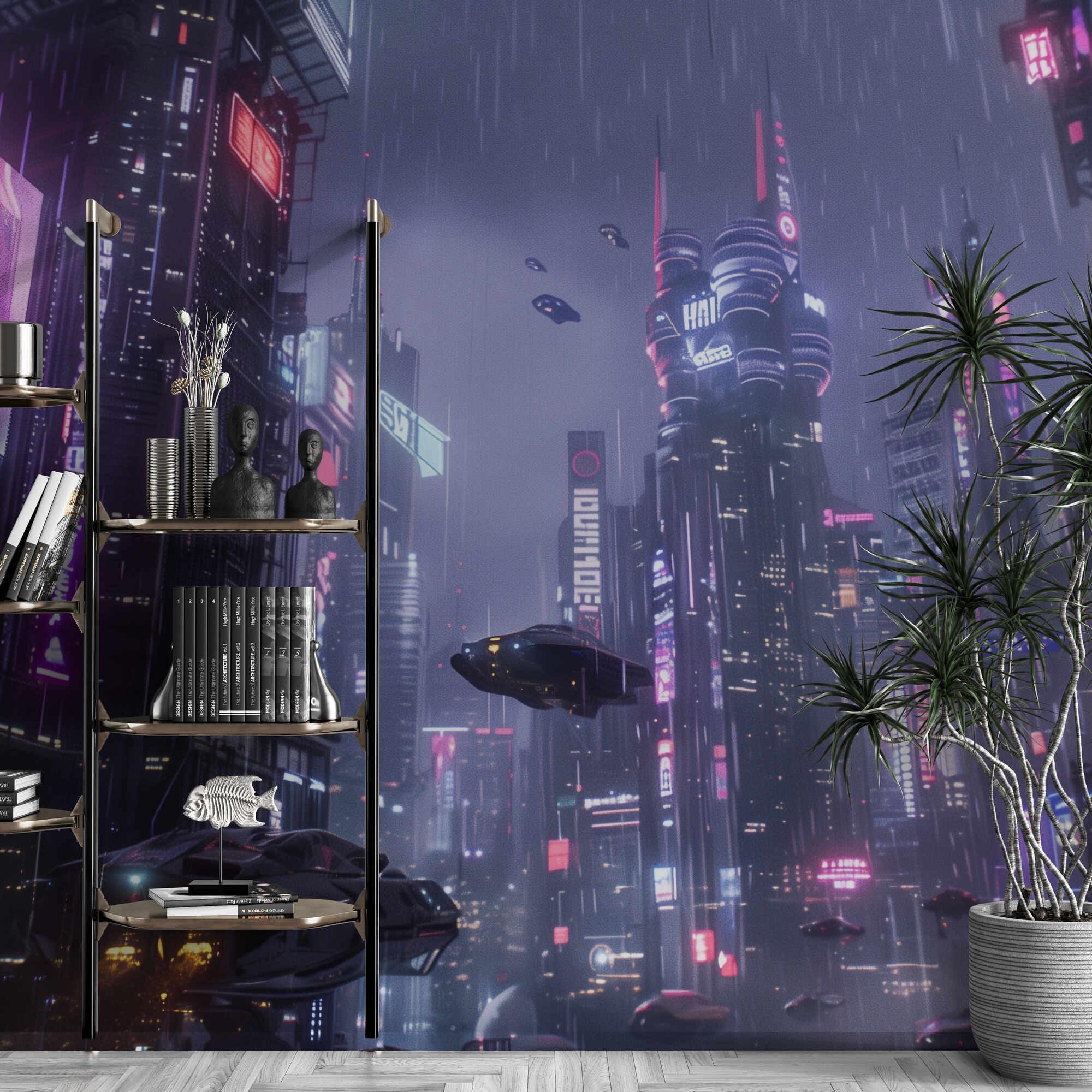 Cyberpunk City Wallpaper Mural – Neon Sci-fi Peel and Stick - Etsy