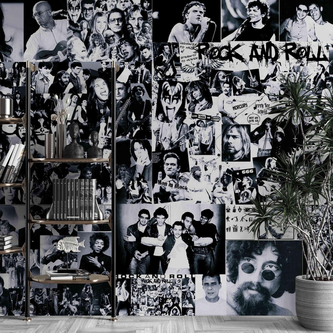 Rock and Roll Wallpaper Mural – Black and White Rock Music Collage Wall ...