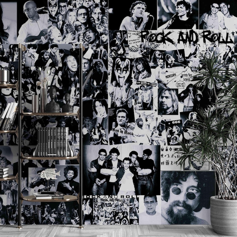 Rock and Roll Wallpaper Mural – Black and White Rock Music Collage Wall ...