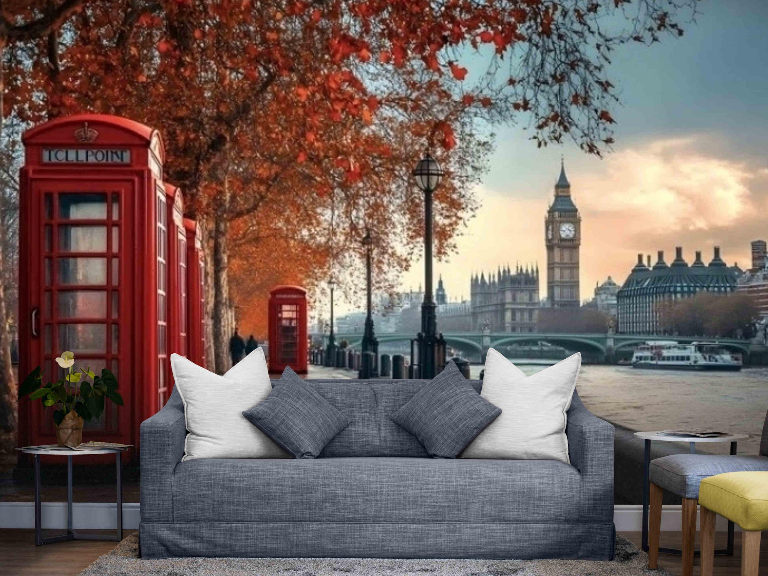 London Phone Booth Wallpaper Mural – Big Ben & River View, Peel and ...