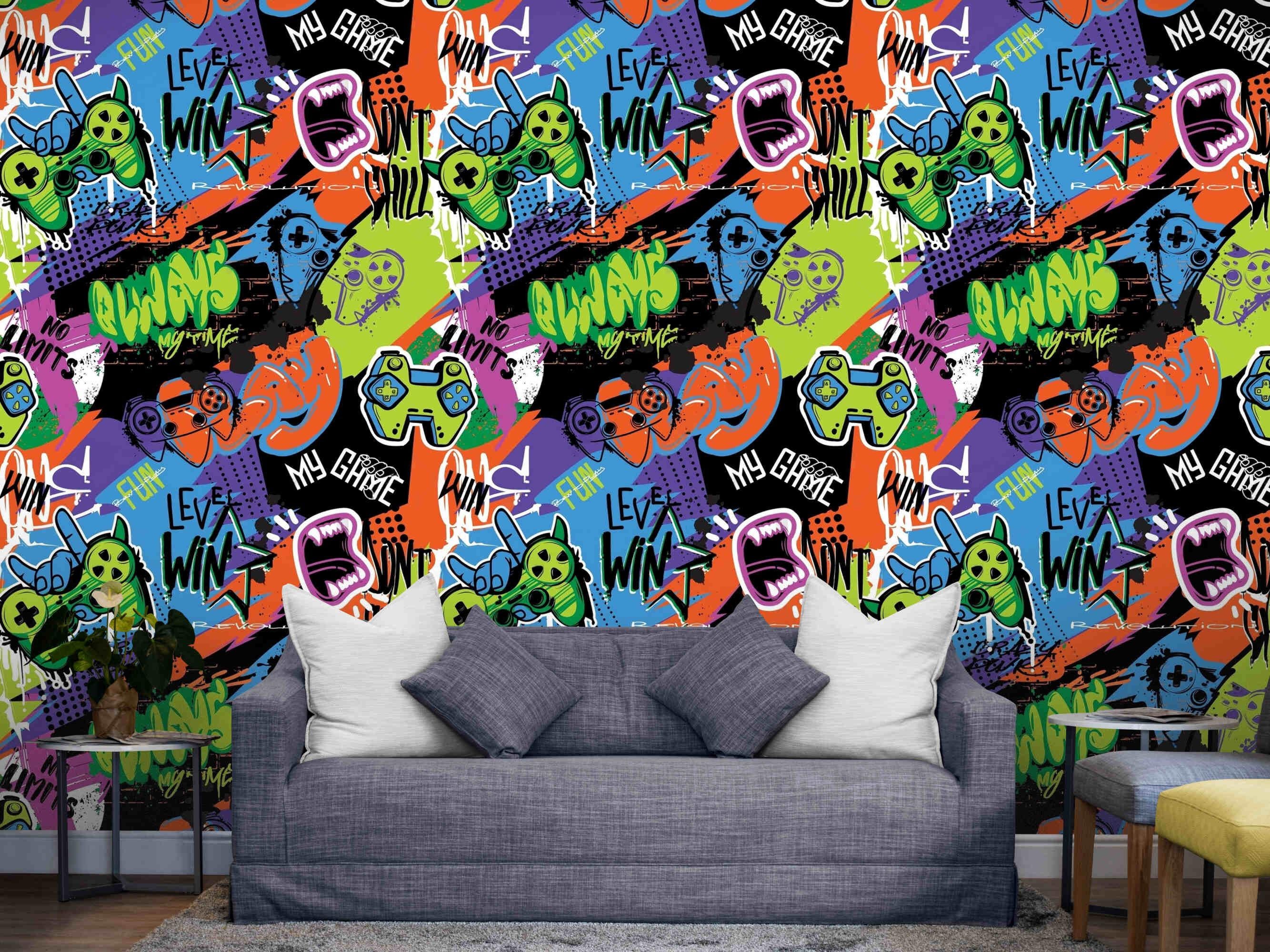 Graffiti Gamer Wallpaper Mural – Colorful Video Game Theme Wall Art for ...