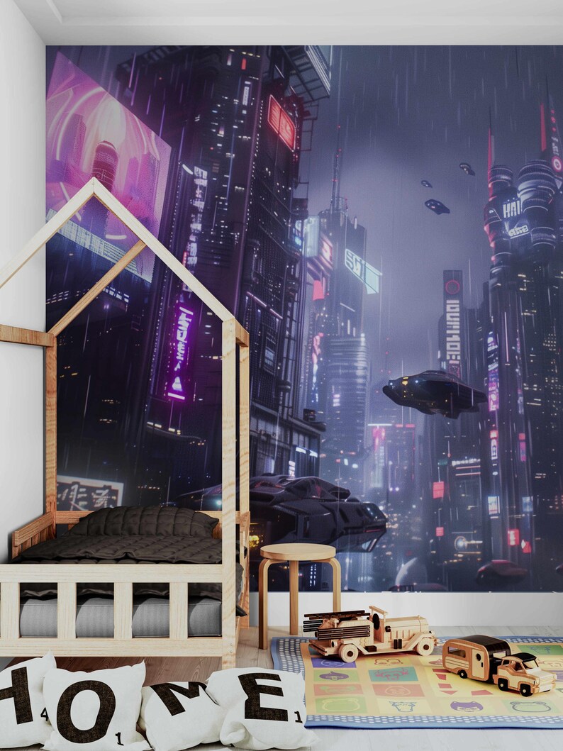 Cyberpunk City Wallpaper Mural – Neon Sci-fi Peel and Stick - Etsy