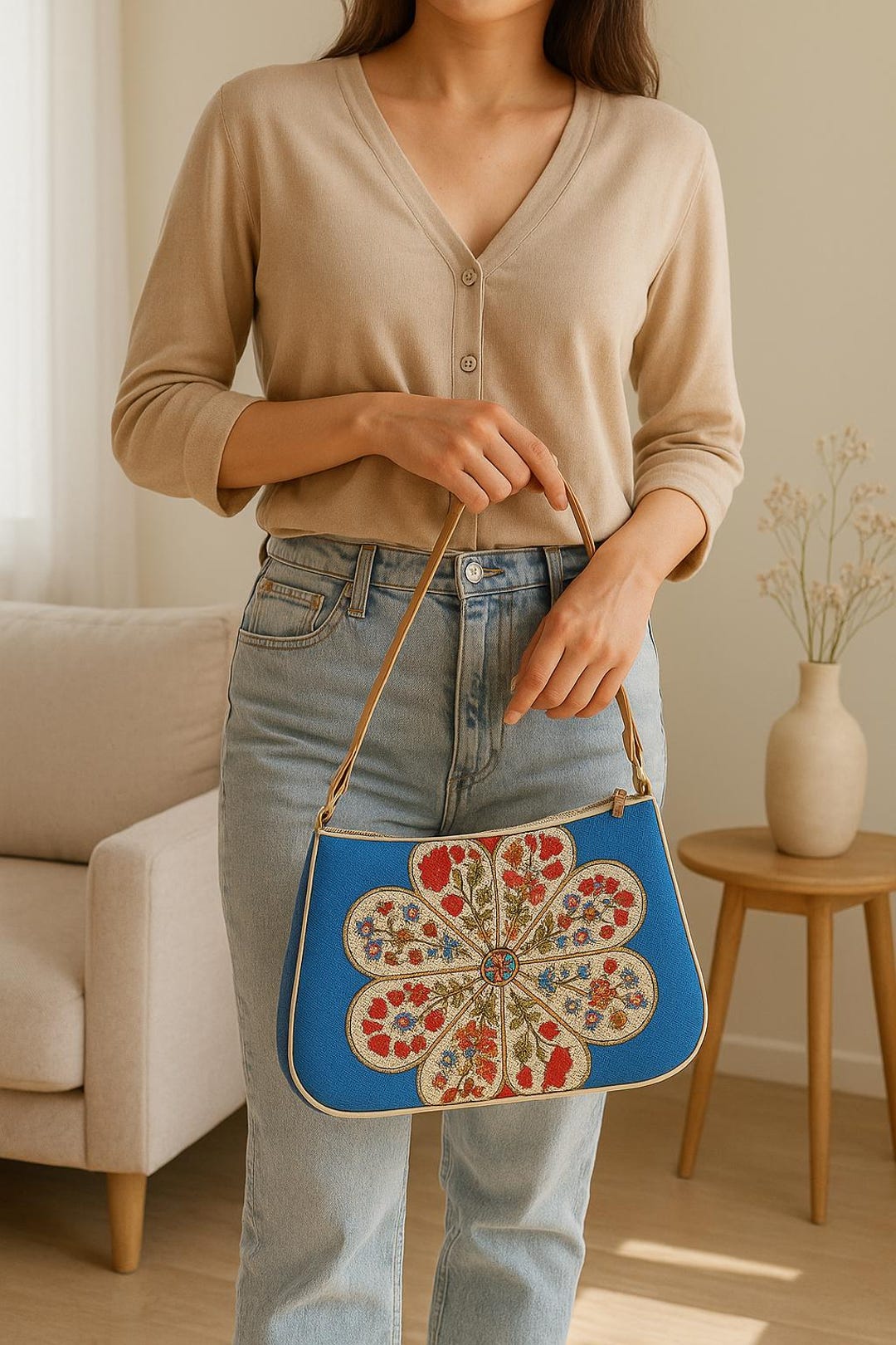 Blue Gobelin Floral Shoulder Bag: Turkish Embroidered Tapestry Purse - Etsy