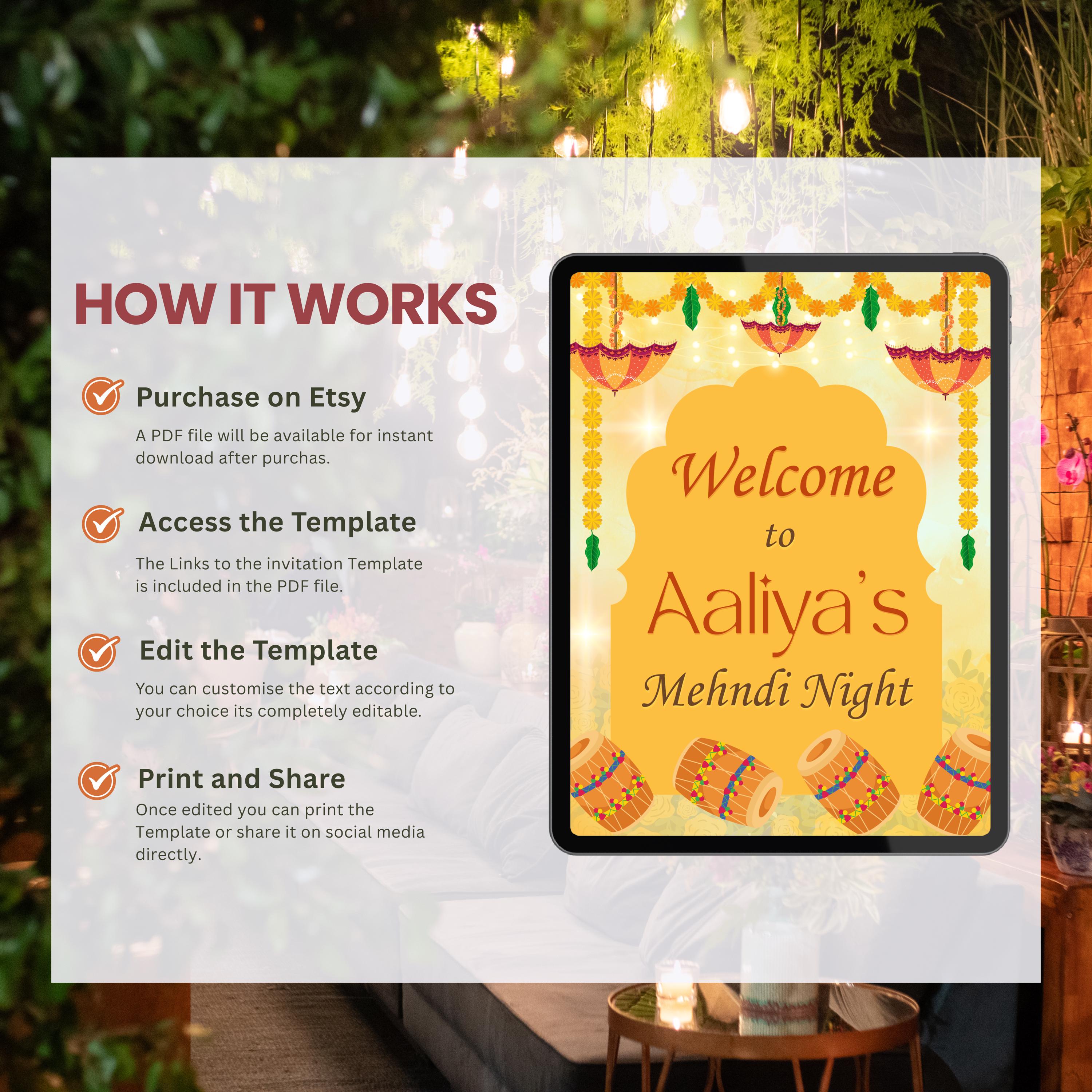 Editable Mehndi Welcome Sign Canva Template | Marigold Orange Mendhi ...