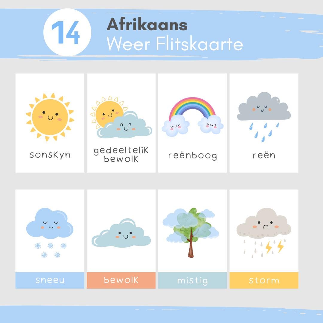 Afrikaans Weather Flashcards: Printable Learning Cards for Toddlers ...