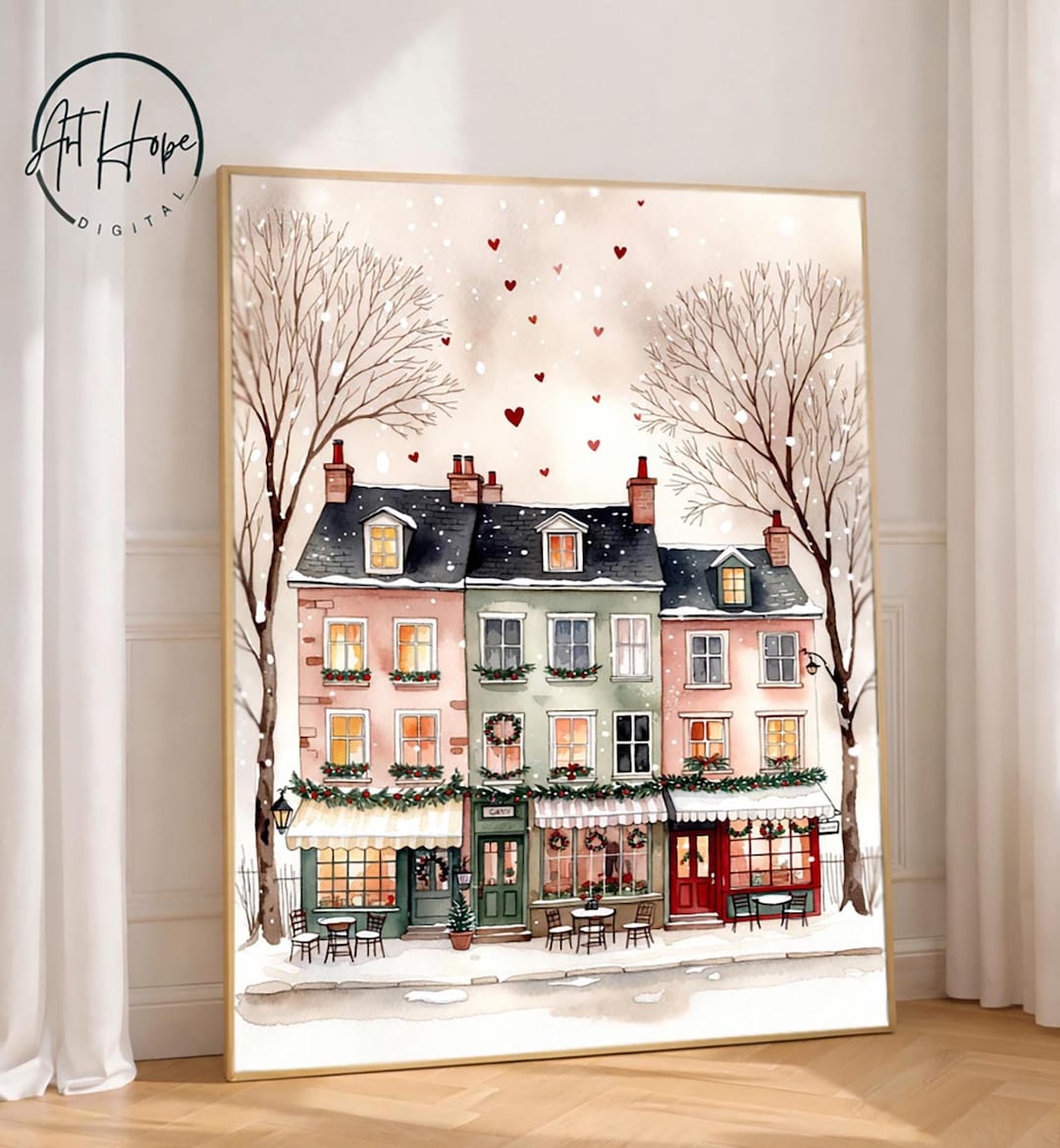 Valentine’s Day Winter Village Wall Art Romantic Snowy Town Printable ...