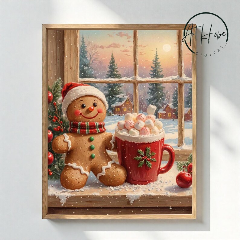 Vintage Gingerbread Man Christmas Art Print: Cozy Cocoa (digital ...