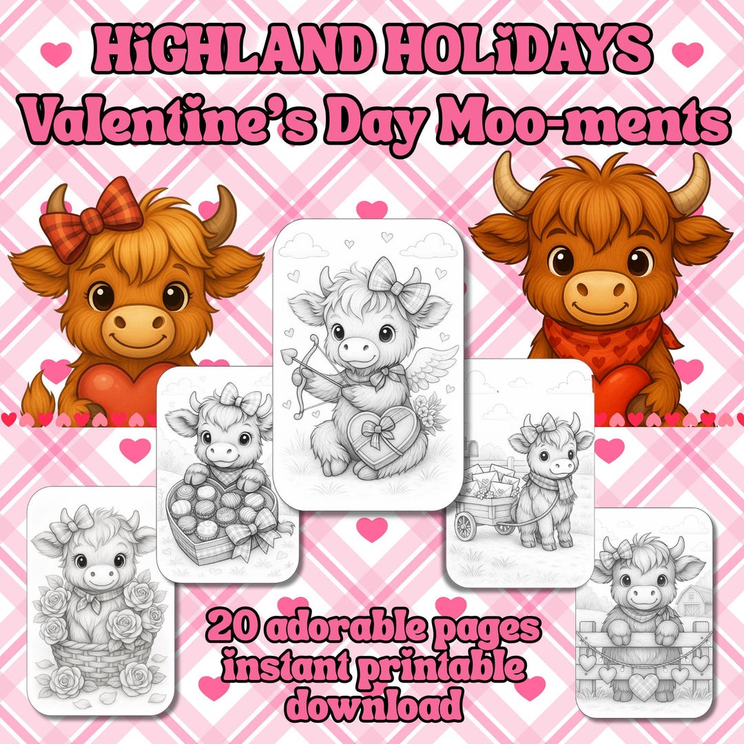 Highland Cow Valentine's Day Colouring Book: 20 Printable Pages (PDF ...