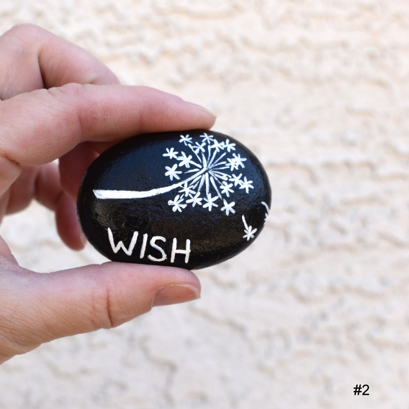 Vintage Painted Rock Dandelion Puff Wish Rock Black White Wishing Rock ...